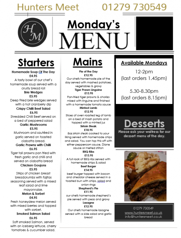 Monday-menu - Hunters Meet Hotel near Stansted Airport, Hertfordshire